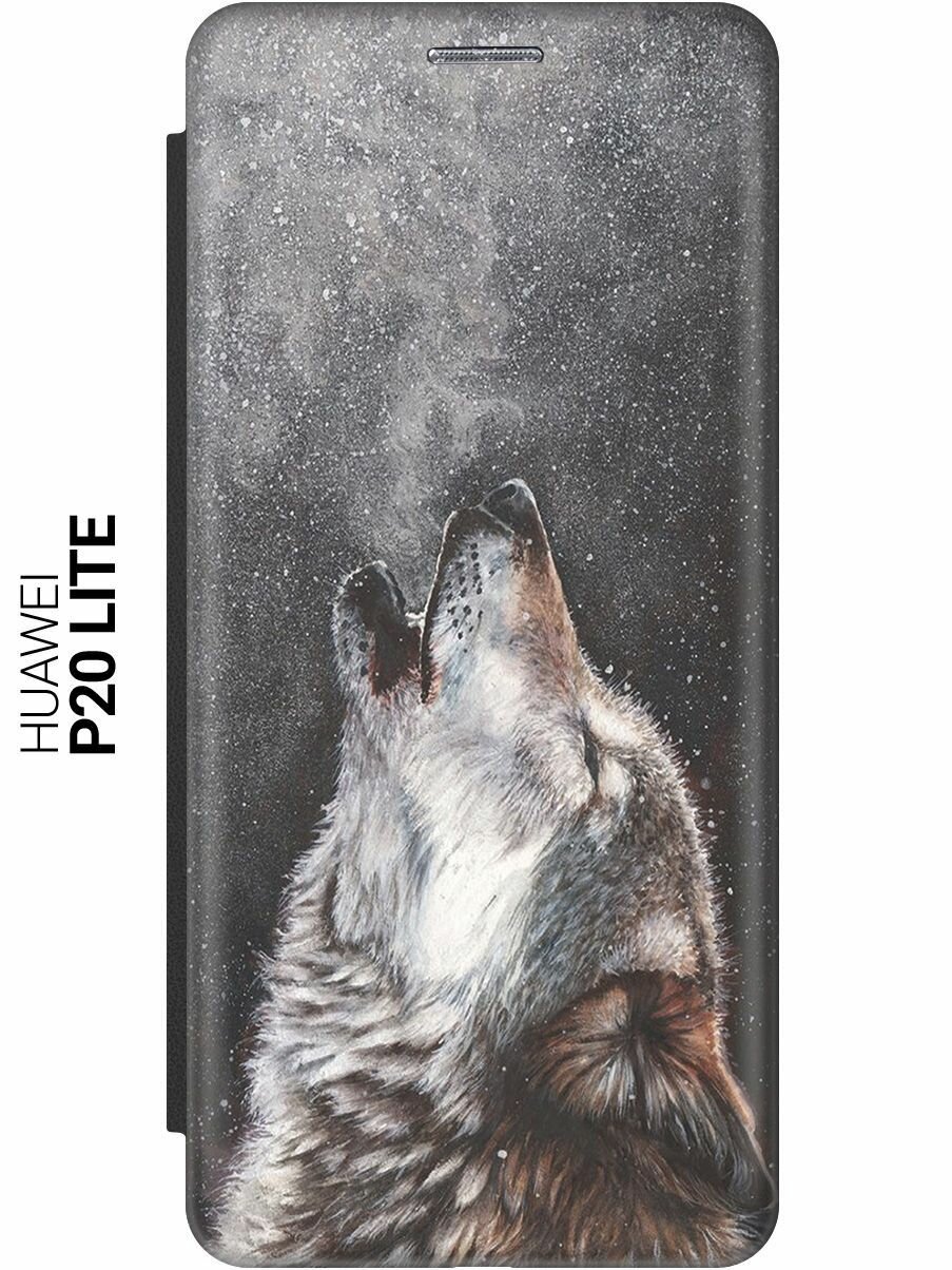 Чехол-книжка на Huawei P20 Lite, Nova 3e, Хуавей П20 Лайт, Нова 3Е с 3D принтом "Морозный волк" черный