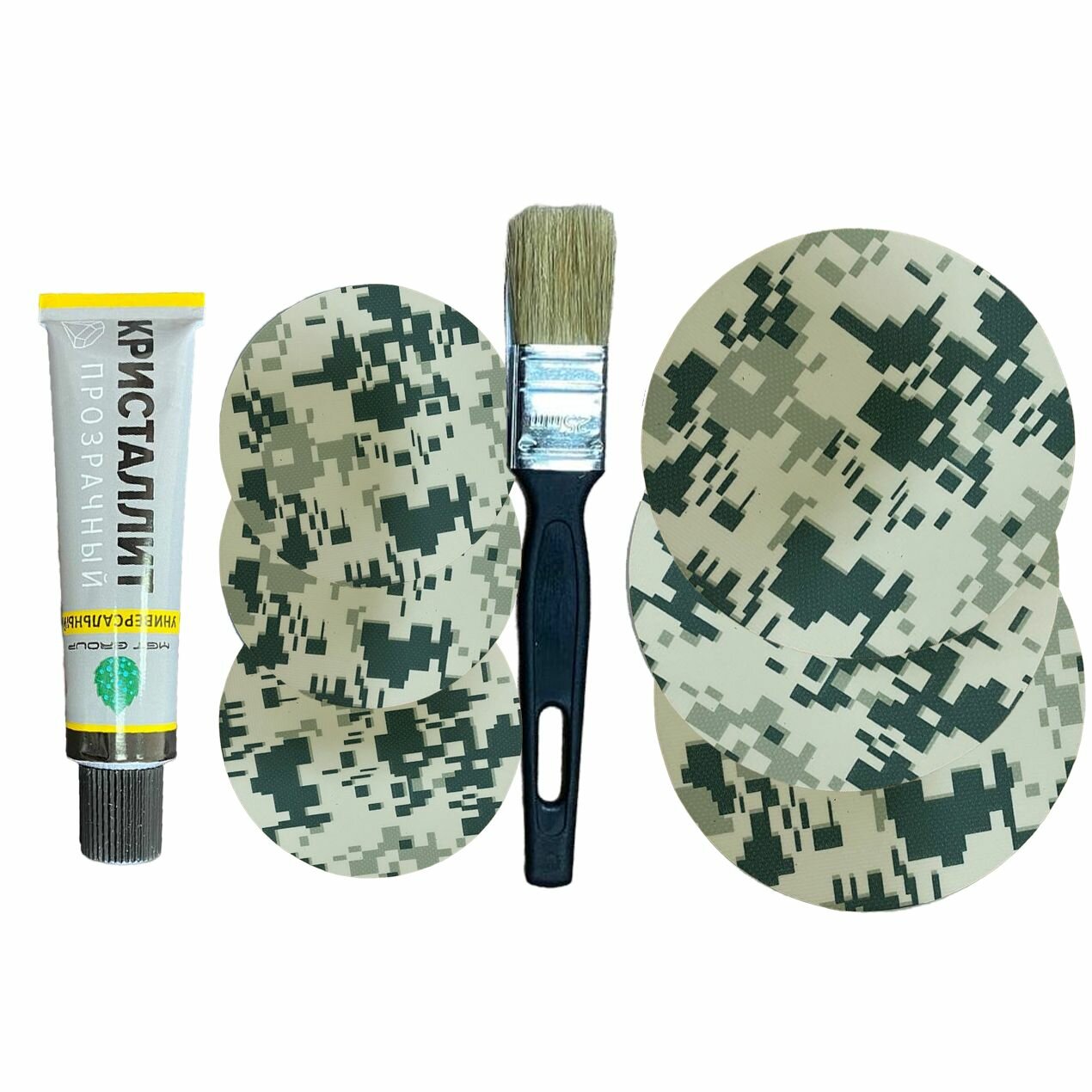 Набор для ремонта лодок ПВХ матрасов и прочих изделий из ПВХ светлый-пиксель - Клей MGT GROUP - Кисть - Заплатки ПВХ 650 гр/м d8 и d11