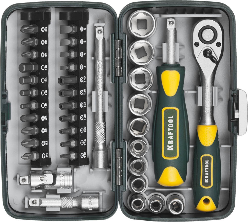 Набор головок и бит слесарно-монтажный KRAFTOOL 38 шт, INDUSTRIE