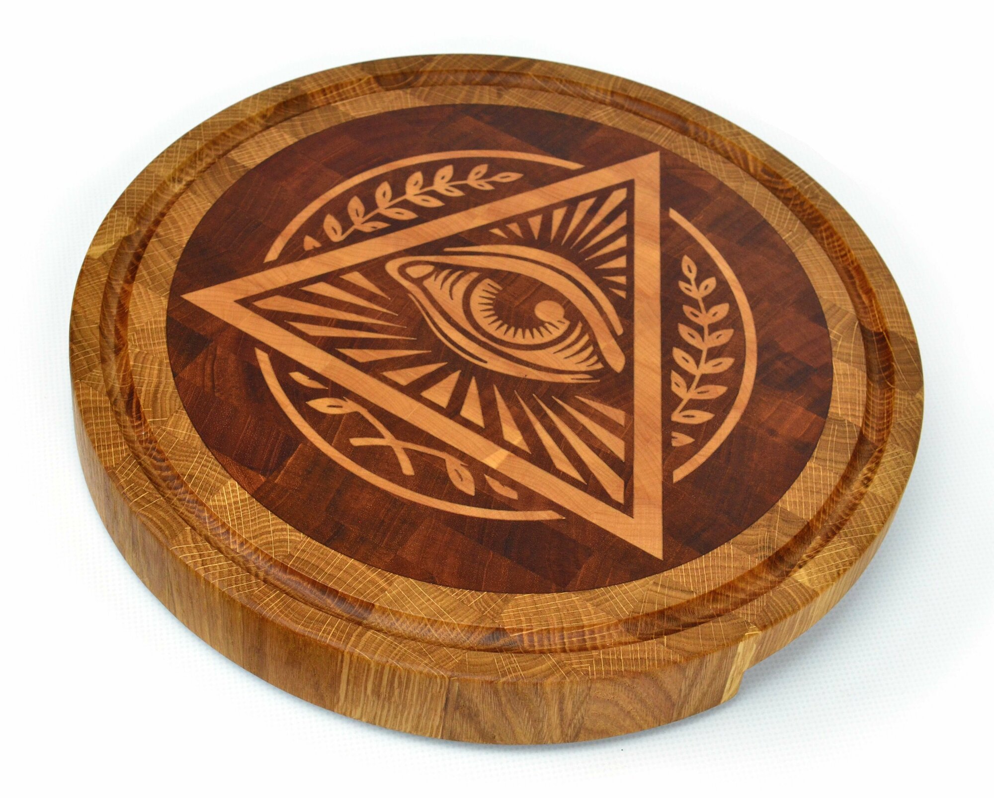 Торцевая доска "Всевидящее око" Wooden Plate, дуб/сапеле/клен, красное дерево,29 см, 3 породы дерева