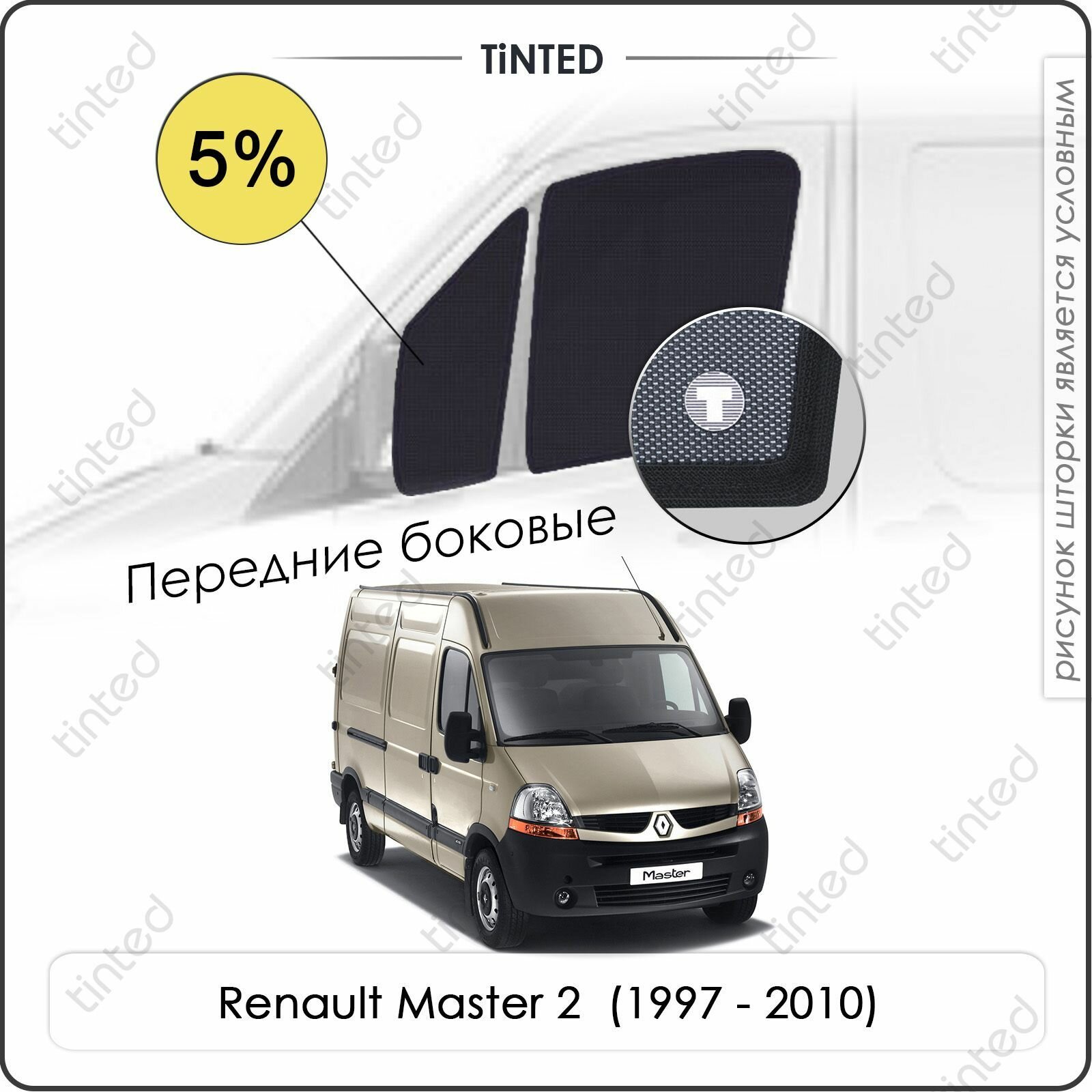 Шторки на автомобиль солнцезащитные Renault Master 2 Фургон 2дв. (1997 - 2010) на передние двери 5%, сетки от солнца в машину рено мастер, Каркасные автошторки Premium