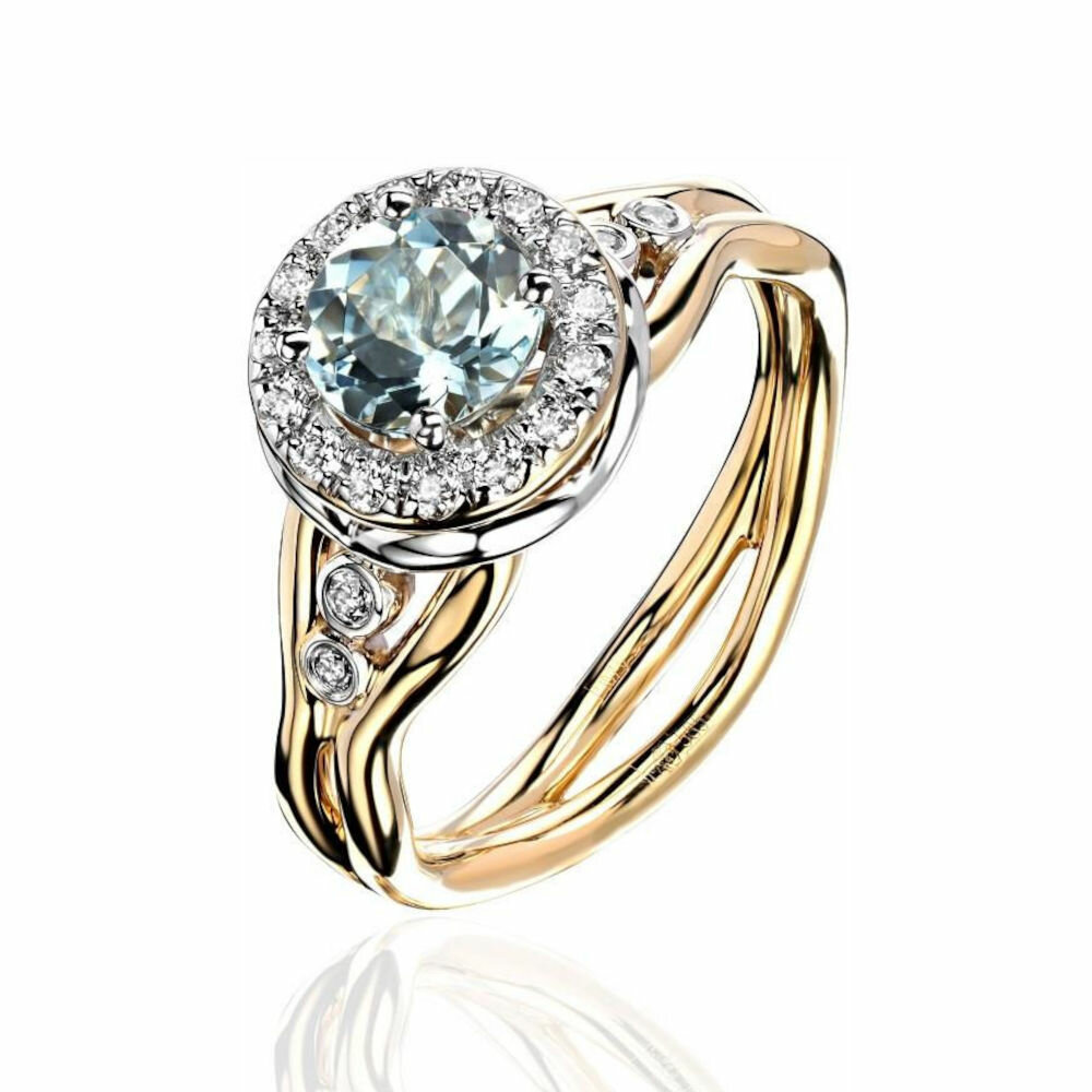 Кольцо, комбинированное золото, 585 проба, аквамарин, бриллиант