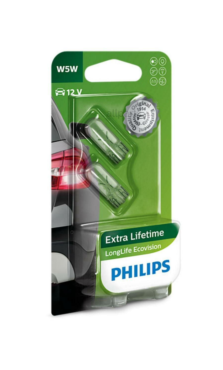 PHILIPS 12961LLECOB2 лампа W5W 12V-5W (W2,1X9,5D) (увелич. Срок службы) LONGLIFE ECOVISION блистер (2ШТ.)