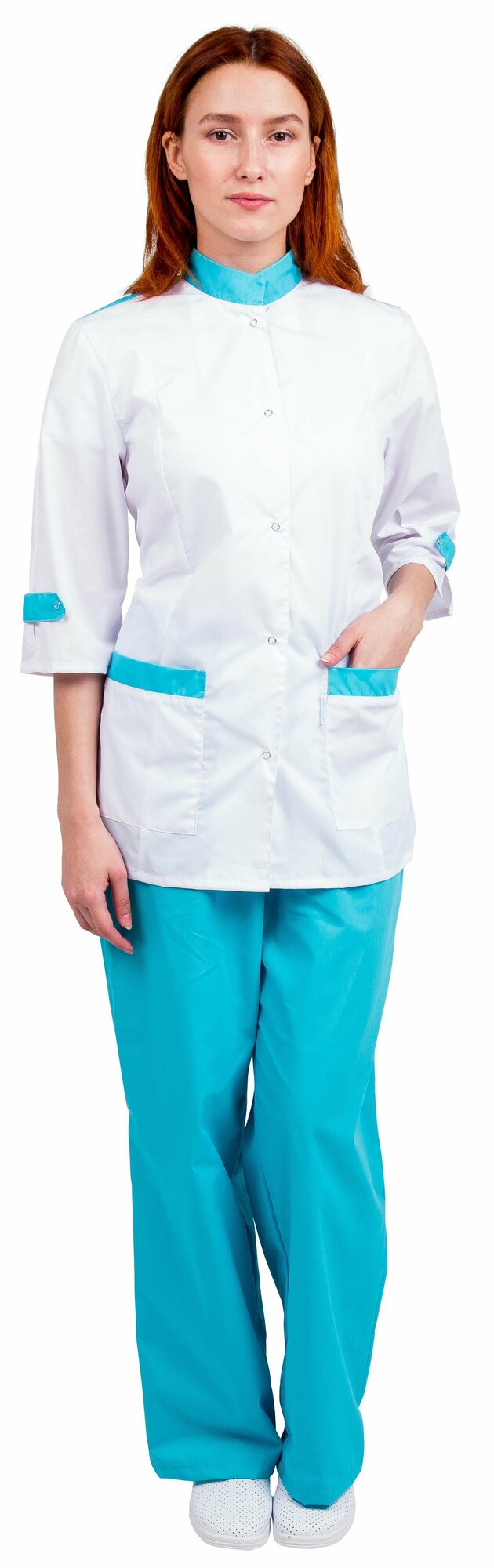 Костюм медицинский Манго / костюм медицинский женский / 158-164/56-58/белый/бирюзовый
