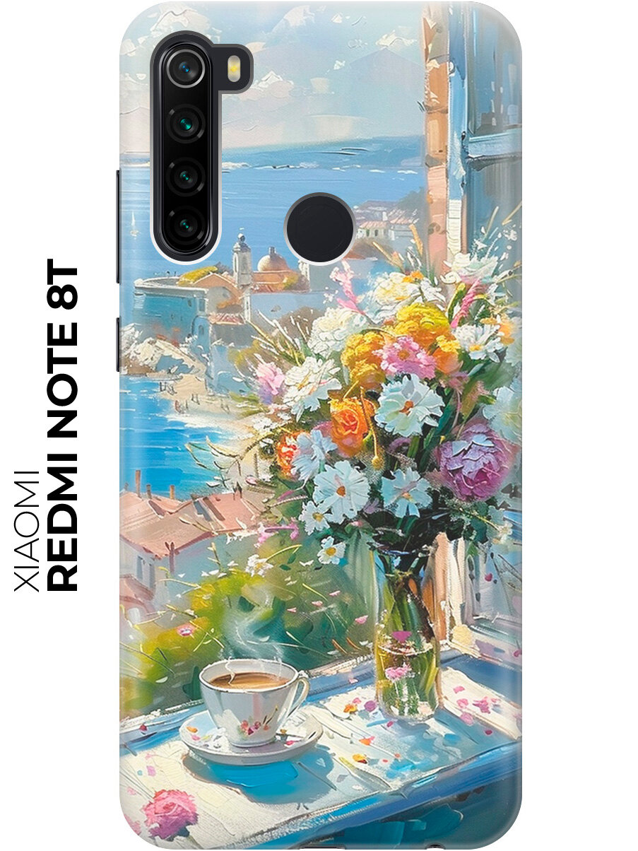 Силиконовый чехол на Xiaomi Redmi Note 8T с принтом "Букет цветов и кофе"