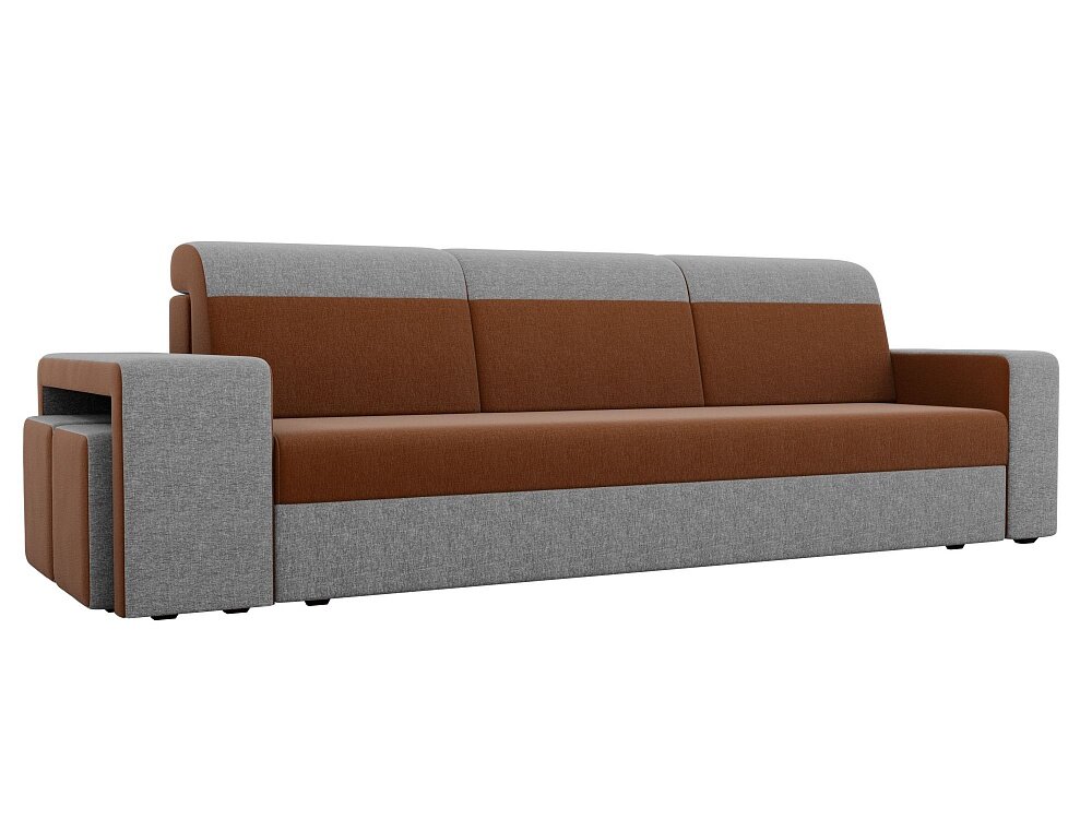 Прямой диван Мустанг с двумя пуфами Коричнево-Серый Рогожка, еврокнижка, 262х95х93 см, с ящиком для белья