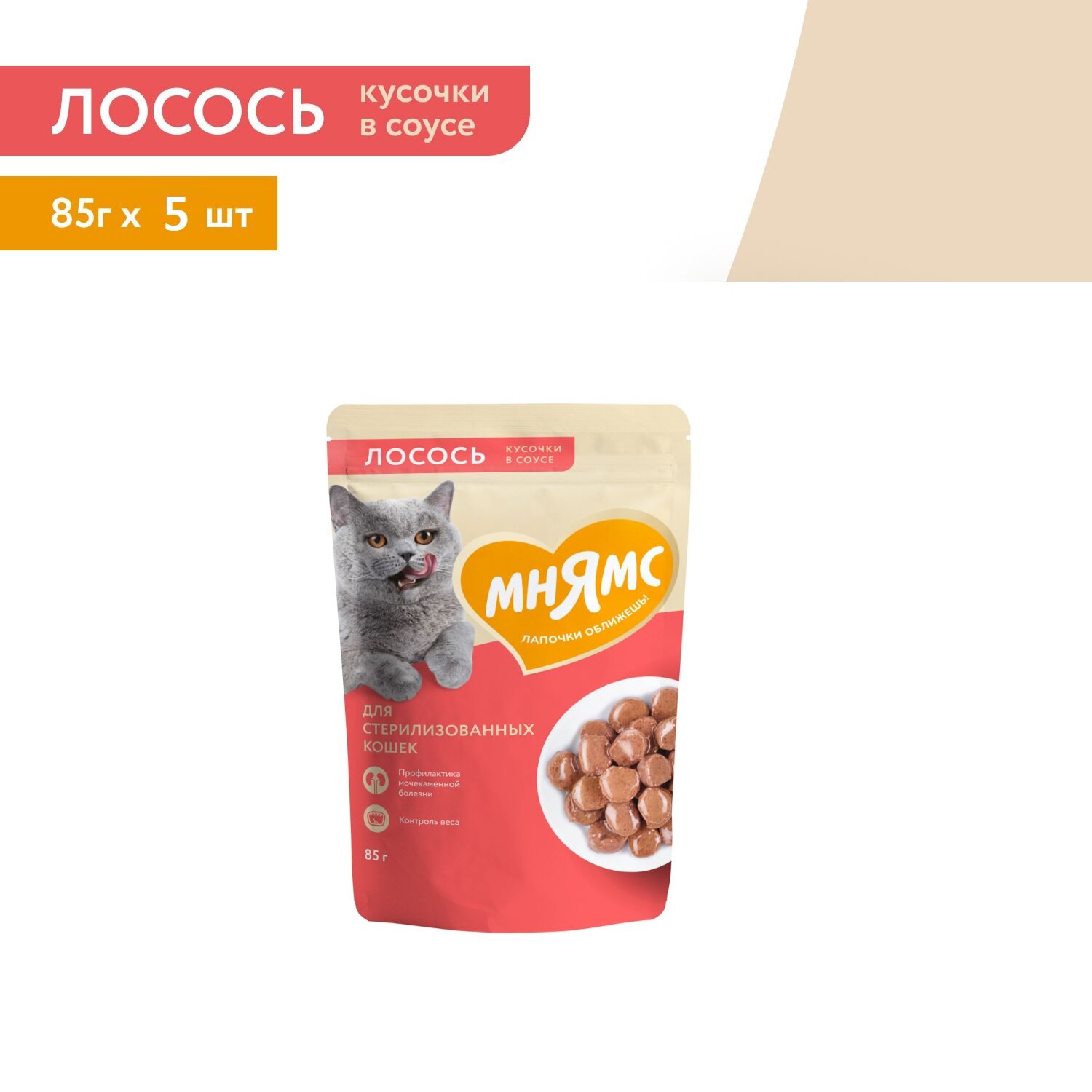 Влажный корм Мнямс Кусочки в соусе с лососем для стерилизованных кошек 85г (5 штук)