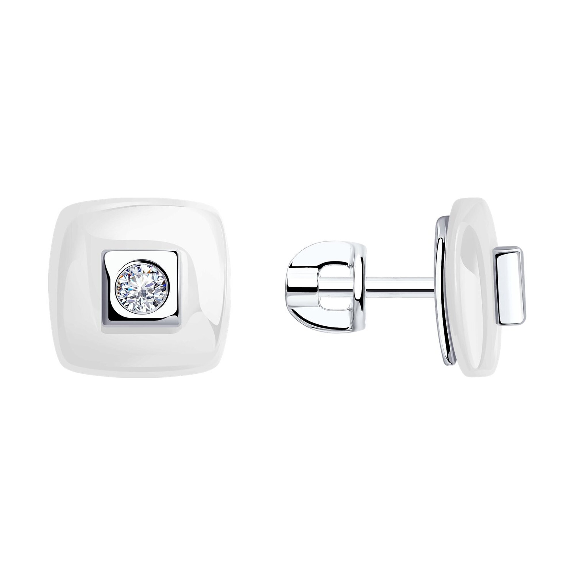 Серьги пусеты, серебро, 925 проба, родирование, фианит, керамика