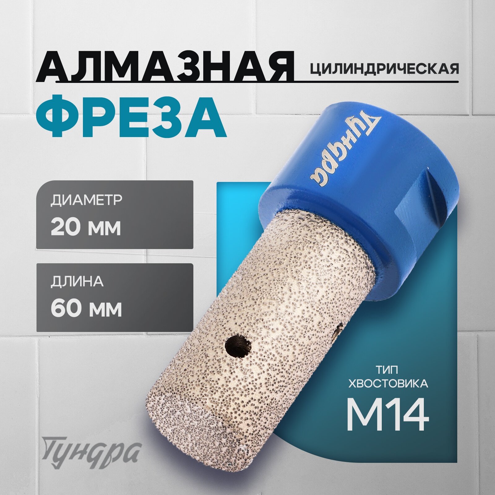 Фреза алмазная цилиндрическая тундра, по камню, кафелю и керамограниту, 20×40 мм, М14