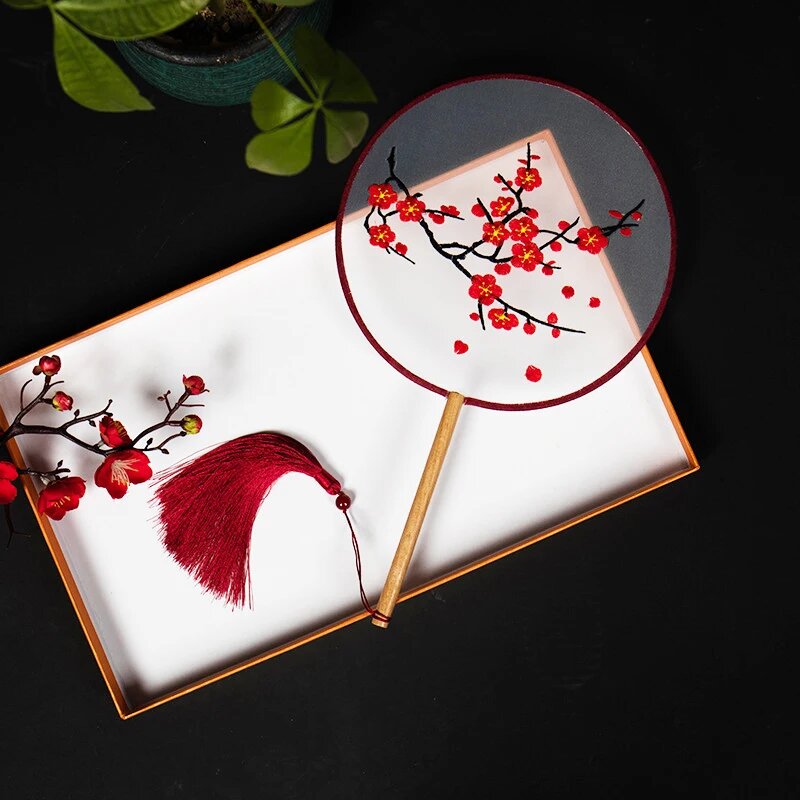 Китайский круглый веер с винтажным принтом A