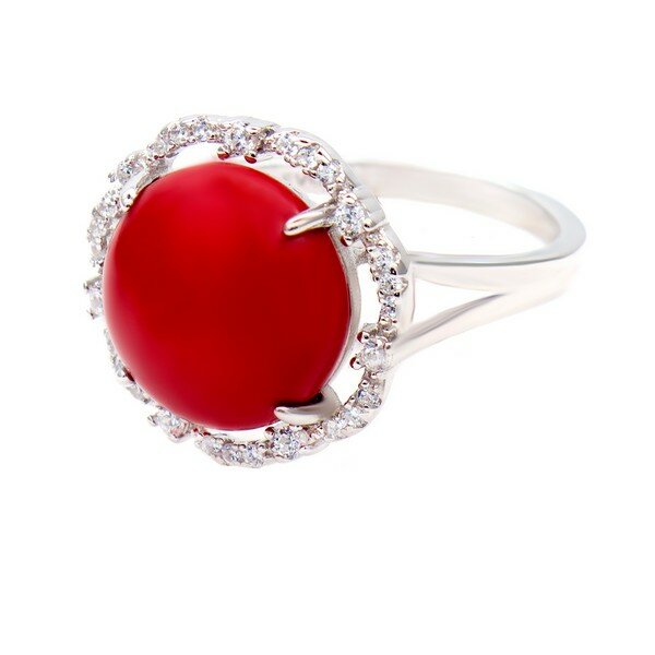 Кольцо, серебро, 925 проба, фианит, коралл