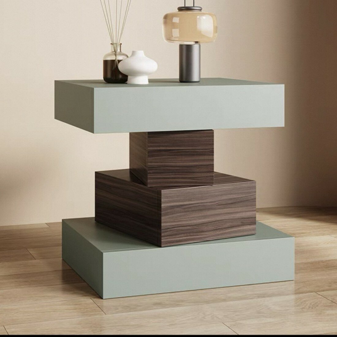 Интерьерная прикроватная тумбочка Singleton (Оливковый + дерево /50см)