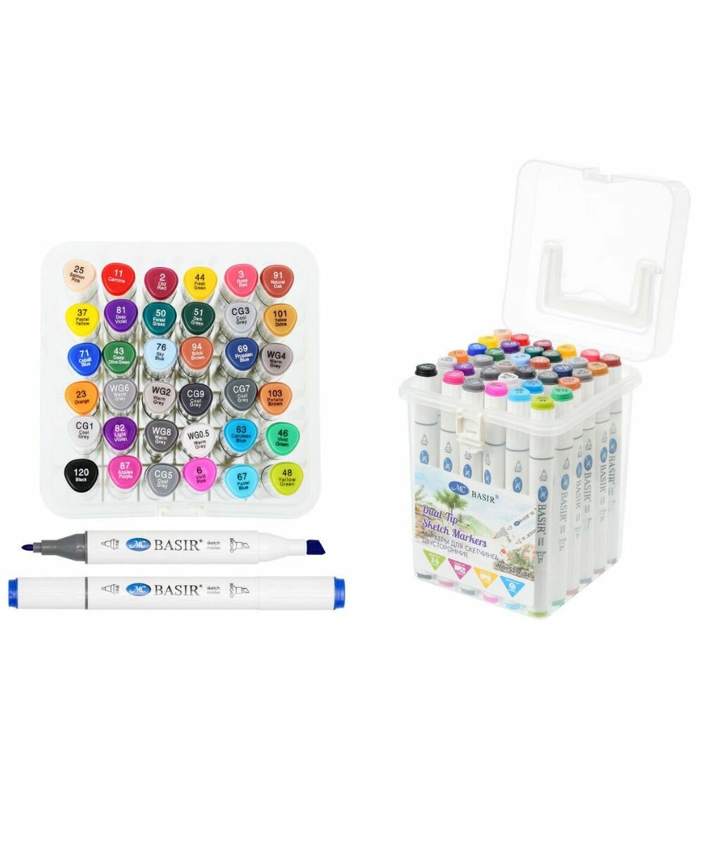 Скетч-маркеры Basir Перманентные, трехгранный корпус, в пластиковом боксе, 36 шт (МС-5219-36)