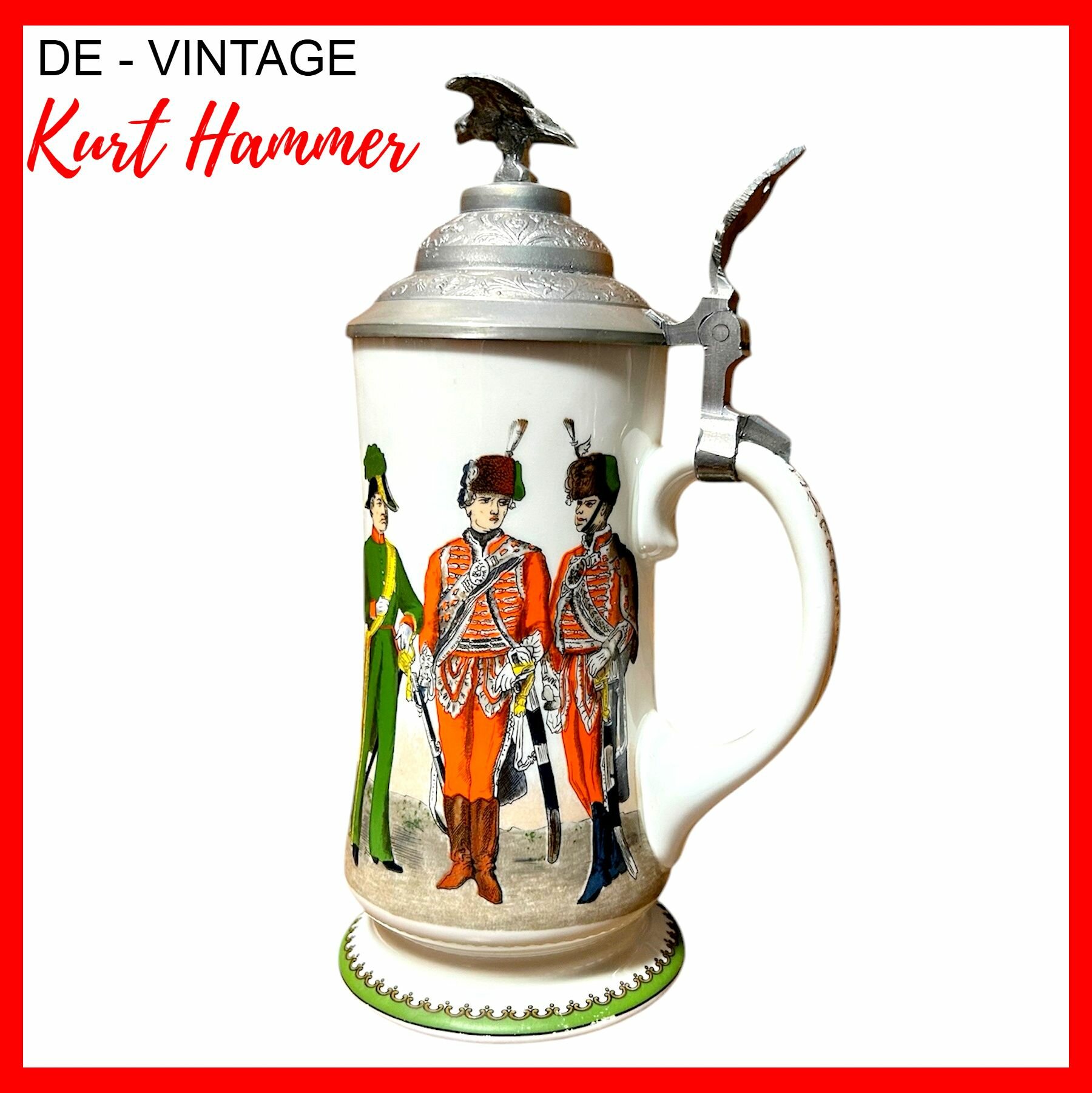 Пивная кружка с крышкой винтажная Кавалерия, Kurt Hammer. Германия