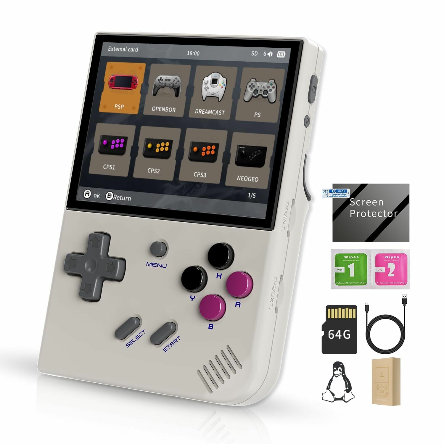 Портативная игровая консоль RG35XX Plus в стиле ретро с 3,5-дюймовым IPS-экраном, системой Linux, аккумулятором емкостью 3300 мАч, встроенной TF-картой емкостью 64 Г, поддержкой HD-M-I ТВ-выхода