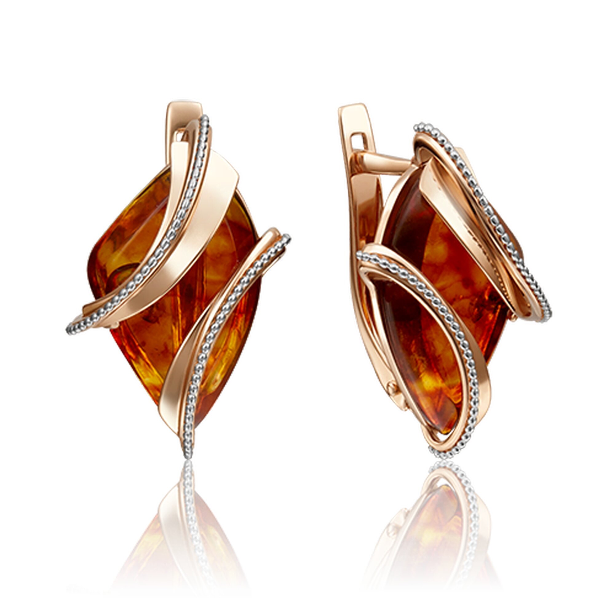 Серьги, красное золото, 585 проба, янтарь