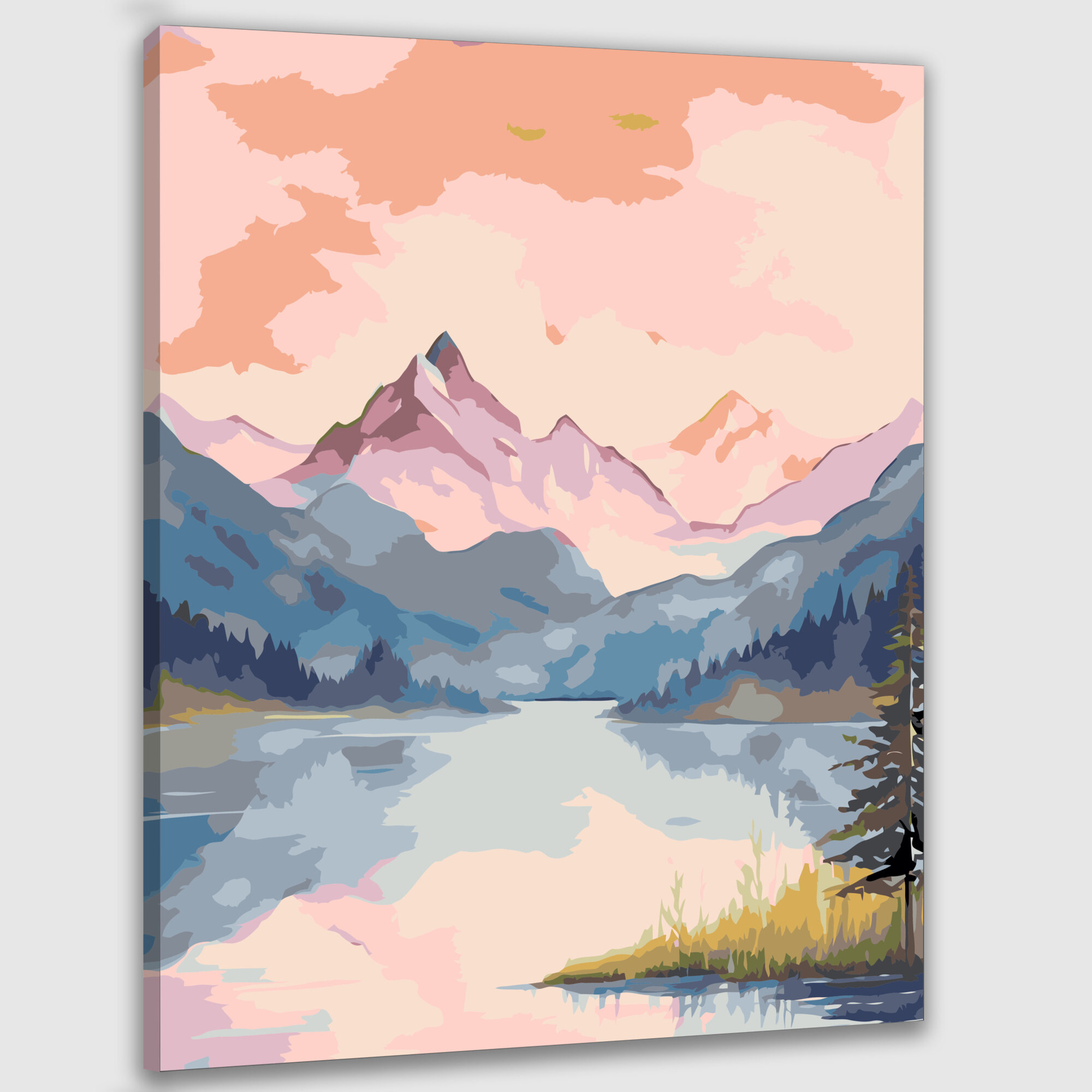 Картина по номерам 40x50 см, горный пейзаж, закат, акварельная иллюстрация, пастельные цвета, мазки кисти, вершины гор