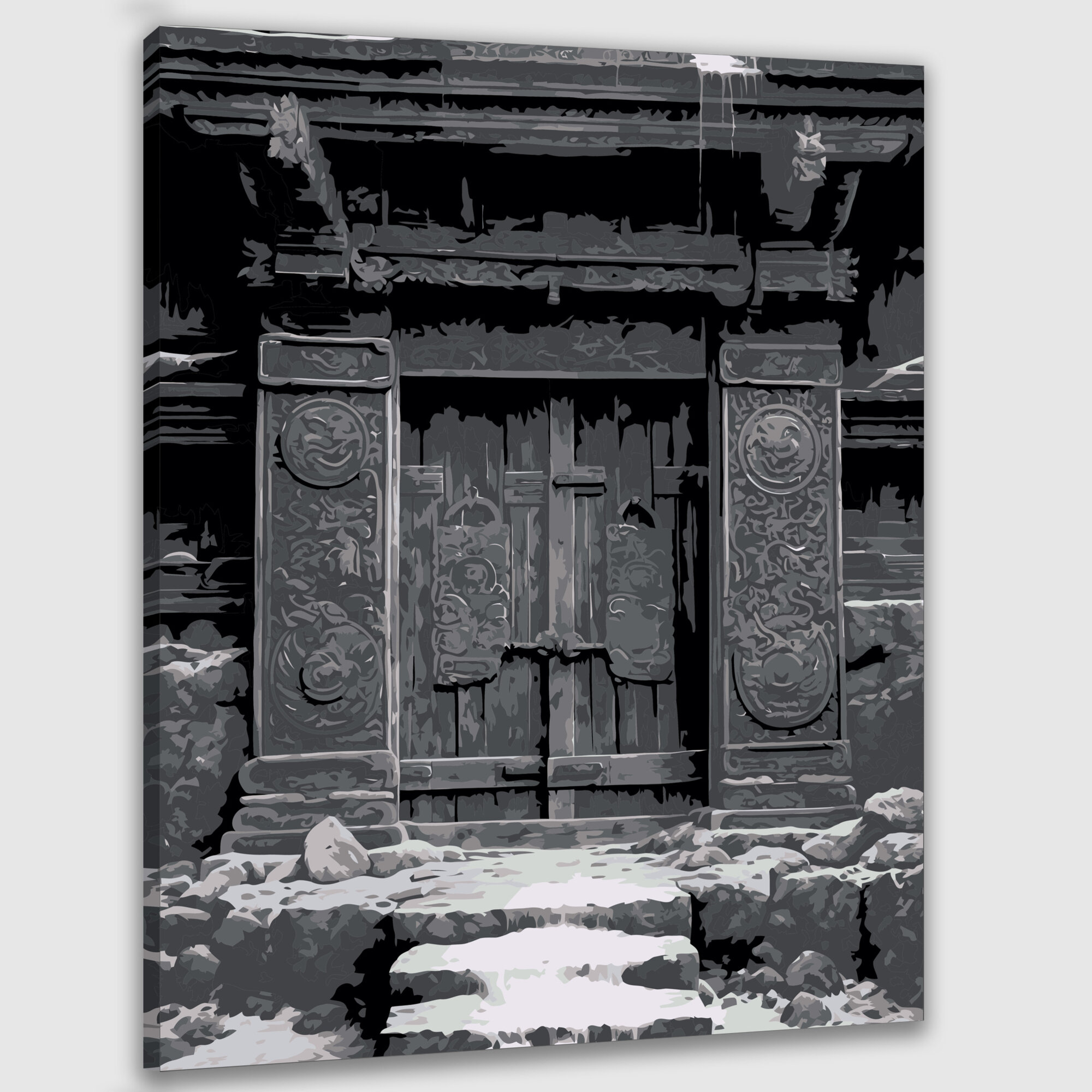 Картина по номерам 40x50 см, рисунок, уголь, древняя деревянная дверь, выветрелая, резьба, таинственный фасад, истории