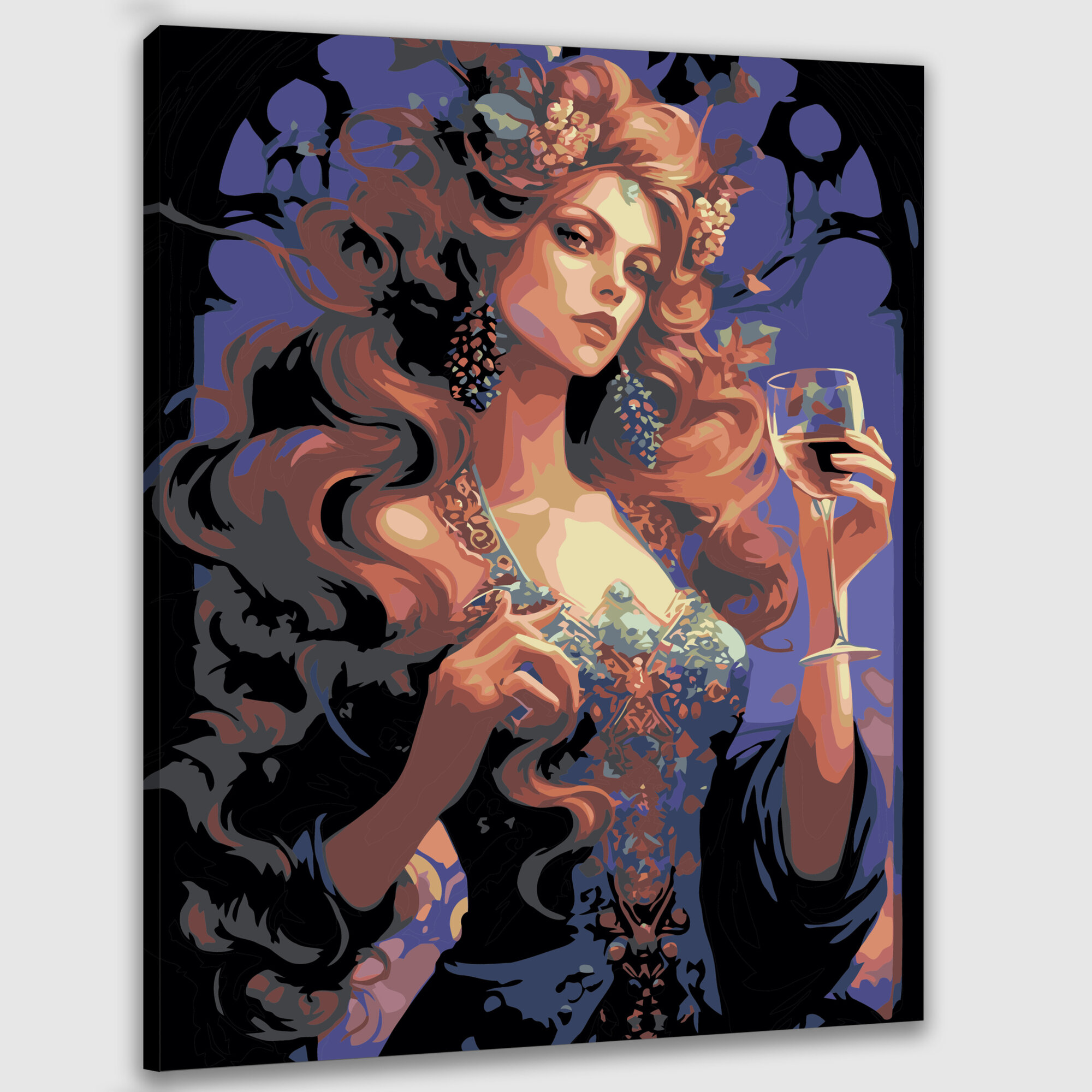 Картина по номерам 40x50 см, цифровая иллюстрация, ар-нуво, женщина, бокал для вина, эликсир, волосы, платье