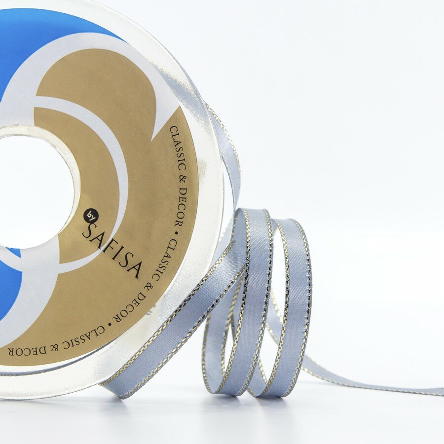Лента атласная SAFISA с люрексным кантом по краям, 7 мм, 25 м, цвет 27, серый