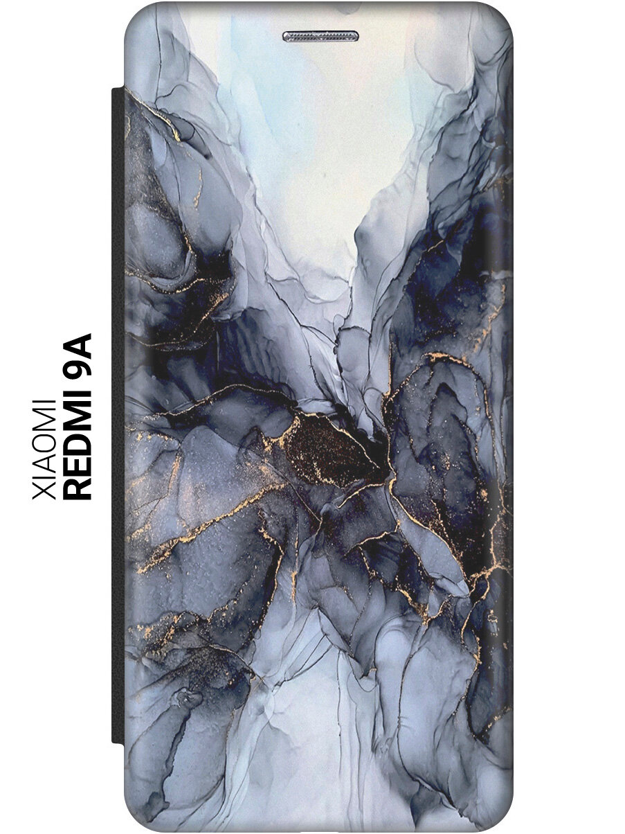 Чехол-книжка на Xiaomi Redmi 9A, Сяоми Редми 9А с 3D принтом "Черно-белый мрамор" черный