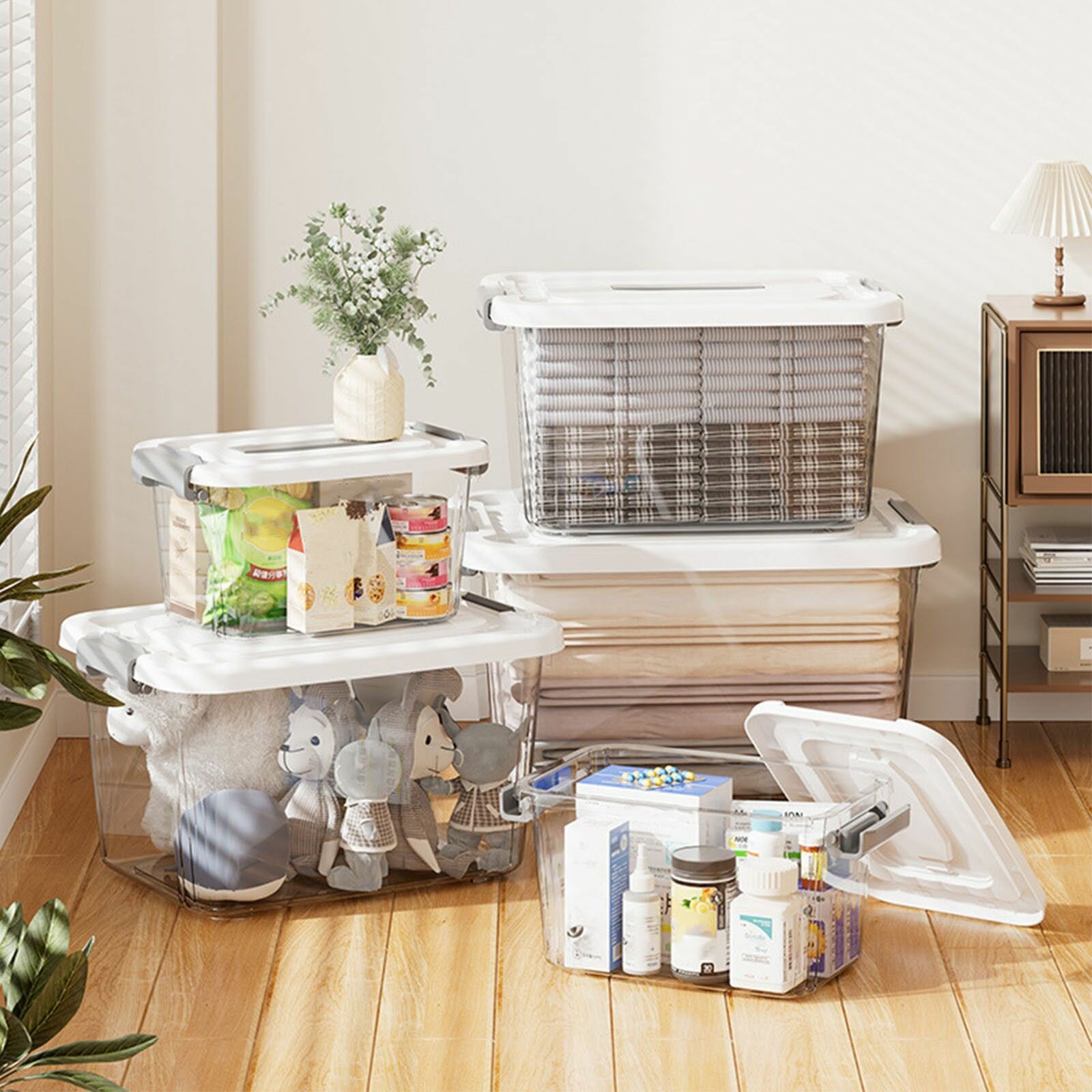 Пластиковый контейнер для хранения с защелками, штабелируемый органайзер с крышкой для одежды и всего остального для гаража и офиса