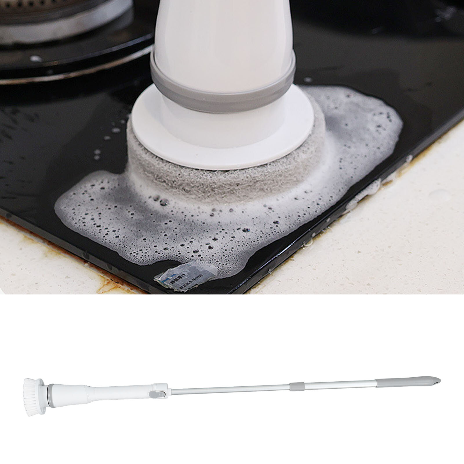 Электрический вращающийся скруббер Беспроводной вращающийся скруббер с 6 сменными насадками Щетка для чистки удлинительной ручки для напольной плитки белого цвета