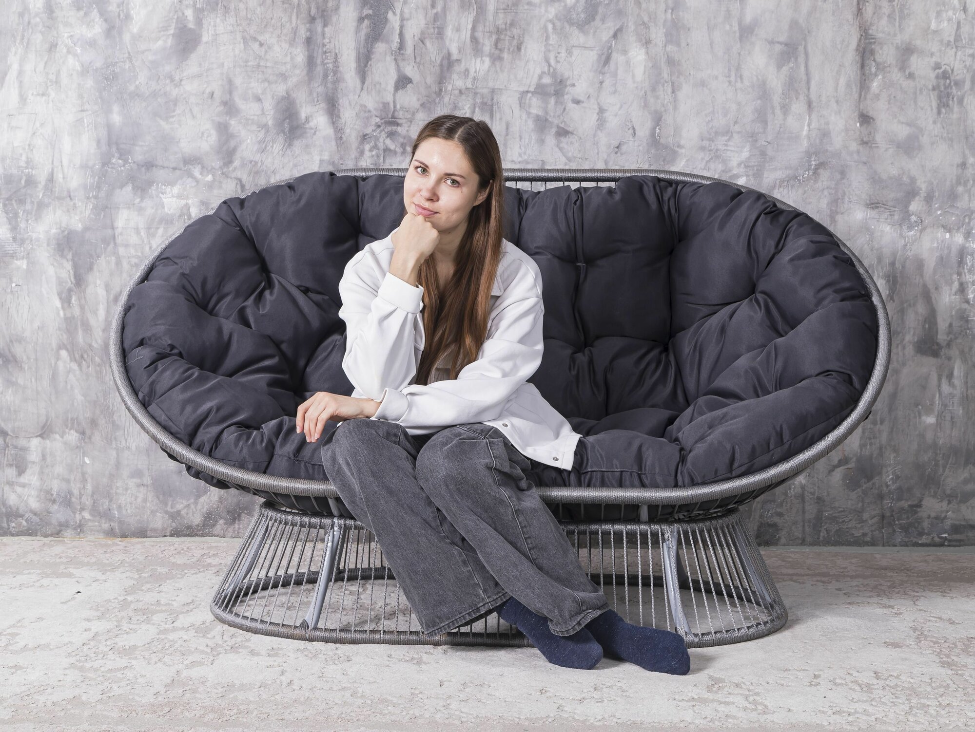 Диван садовый мамасан плюс ROPE шнур светло-серый + подушка черная