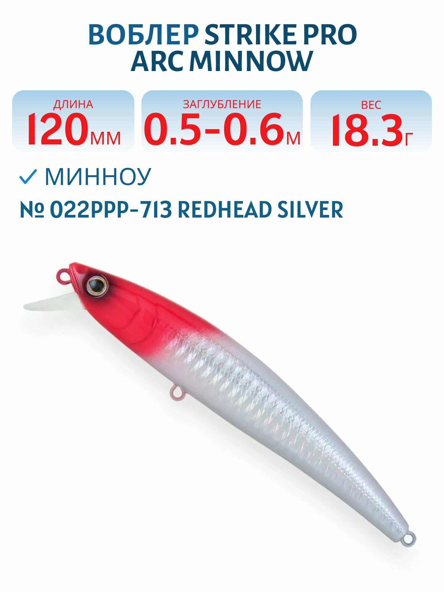 Воблер Минноу Strike Pro Arc Minnow 120SP, 12 мм, 18.3 гр, Заглубление 0.5 м - 0.6 м, Нейтральный, цвет 022PPP-713 Redhead Silver