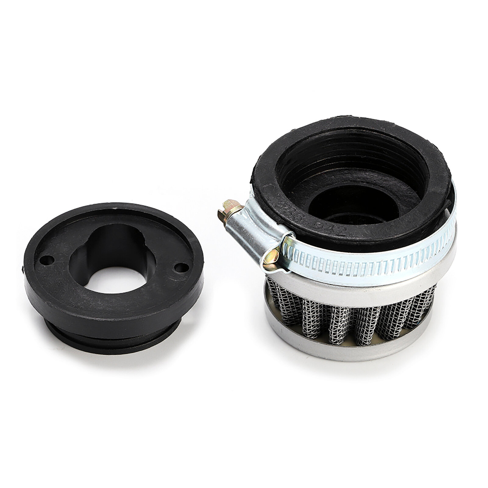 Фильтр воздуха для двигателя 47cc 49cc 2-тактный для вездехода четырехколесного ATV, материал металл и пластик, цвет серебристый и черный, размер approx. 50 x 60mm/1.9 x 2.3in (DxH), комплект 1 фильтр воздуха, 1 резиновая мат, 1 фланцевый хомут