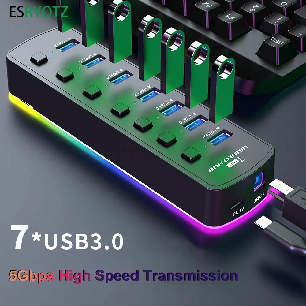 RGB USB 3.0 концентратор 7 портов адаптер порта данных 5 Гбит/с индивидуальный переключатель включения/выключения разветвитель игровой USB концентратор для ноутбука ПК компьютерный аксессуар