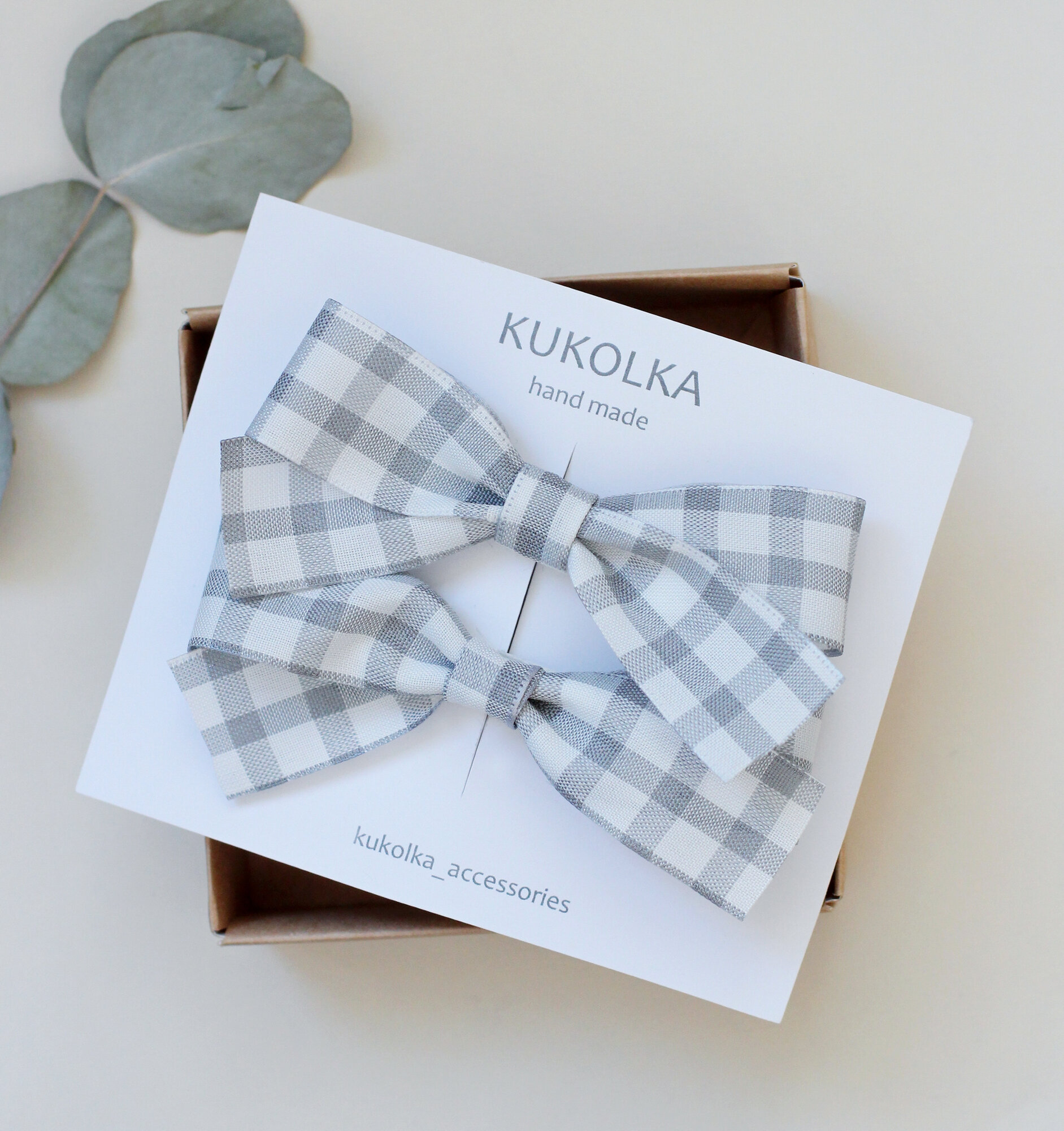 Заколки для волос детские, набор заколок для девочек, заколки бантики для девочек,"KUKOLKA accessories", серая клетка, 2 шт.