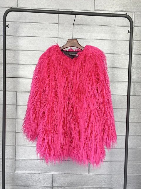 Женская шуба из искусственного меха, цветная, пушистая, розовая, из шерсти ягненка, женская шуба из овчины, зимняя куртка из искусственного меха.