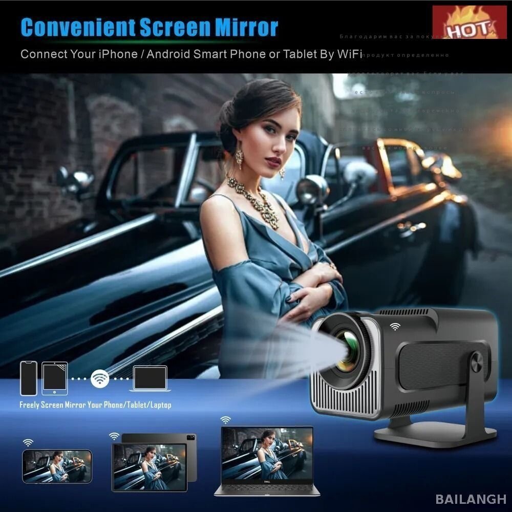 Hy320 Mini Pattern Film Projector, 300ansi, 1280*720, Wi -Fi6, Black