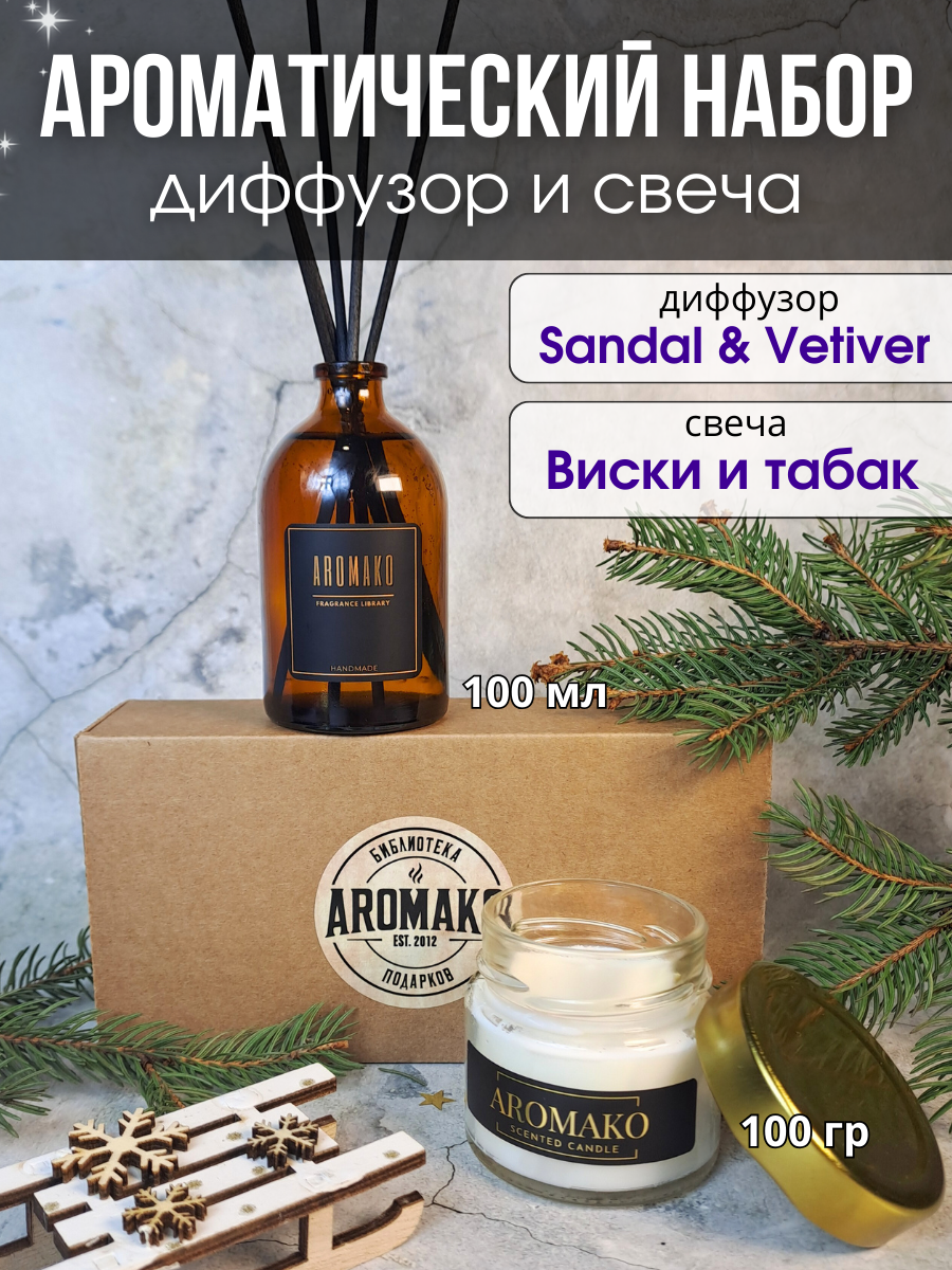 Подарочный набор аромадиффузор с палочками Сандал и ветивер 100 мл, свеча Виски и табак 100 гр, подарок на Новый год