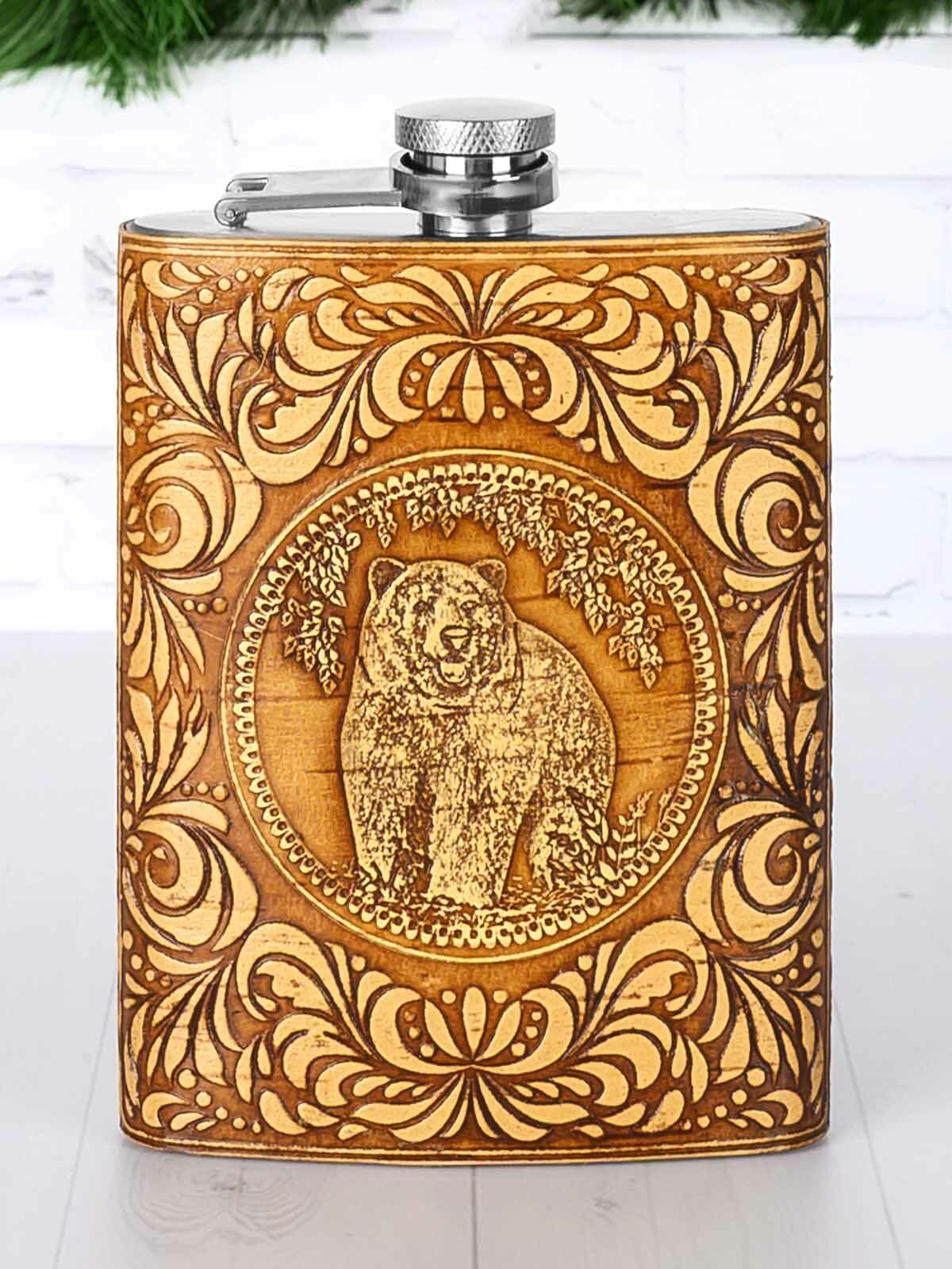 Фляжка - Мишка, Нержавейка, Береста, 240 мл / 80Z