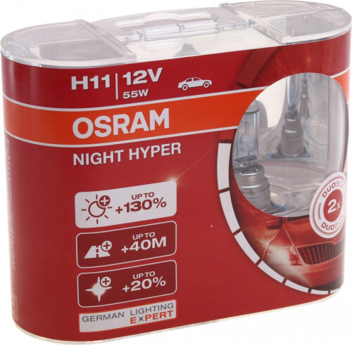 Лампа автомобильная Osram Night Hyper +130% H11 55W PGJ19-2 12V, 2шт, 64211NH-HCB