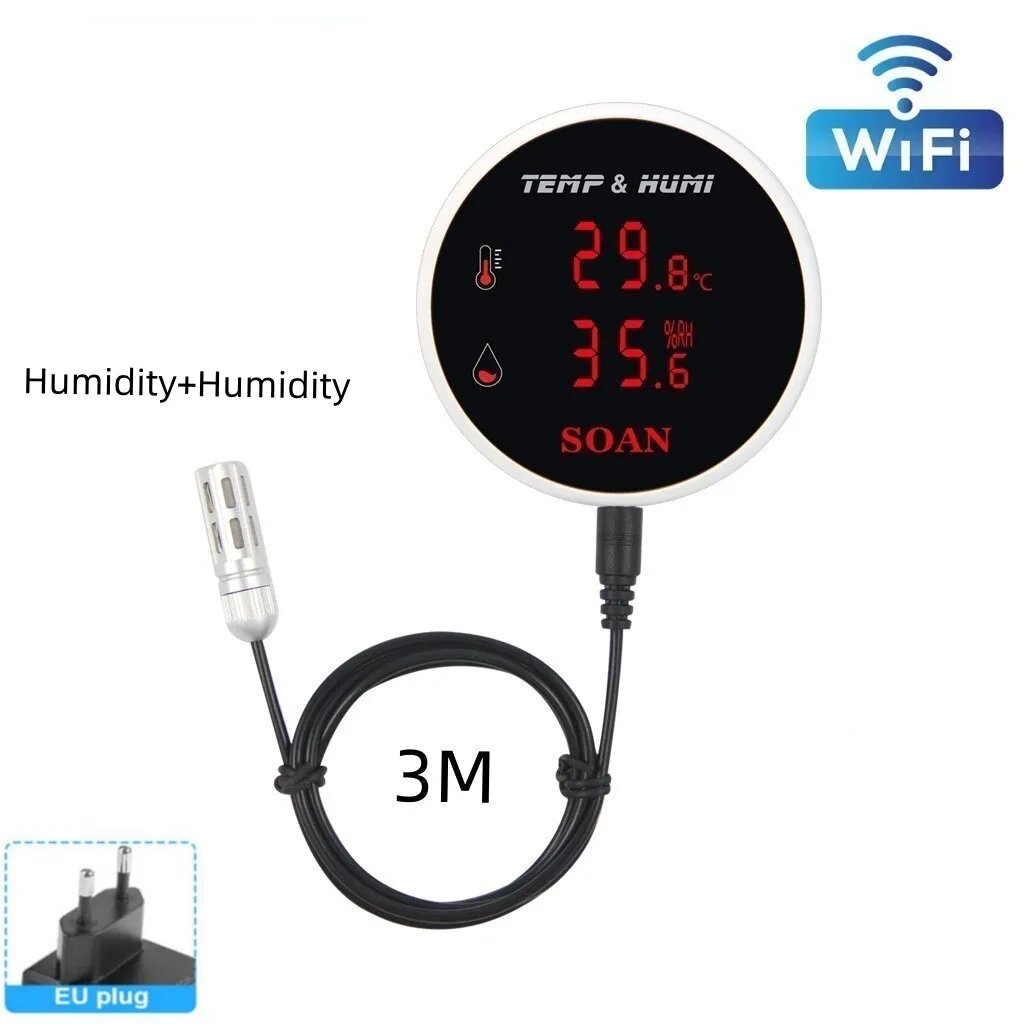 Датчик температуры и влажности Tuya с Wi-Fi и внешним зондом, 77,8x20,8 мм
