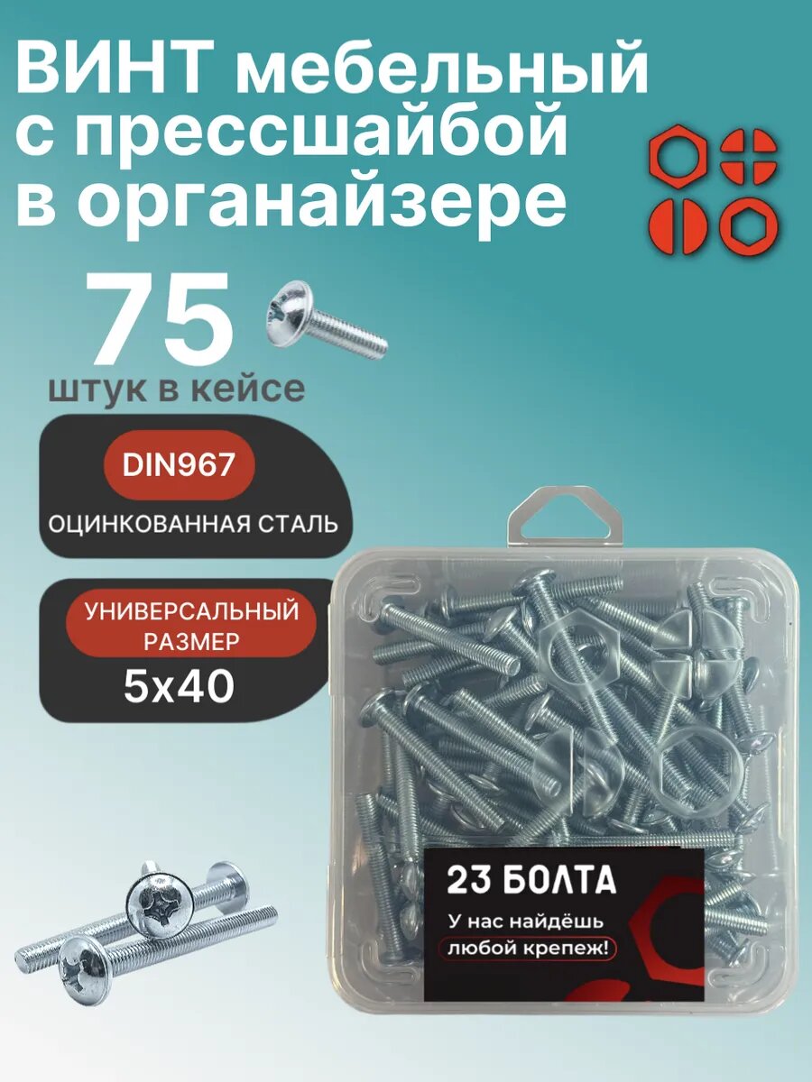 Винт с прессшайбой 5х40 DIN967 в органайзере, 75 шт