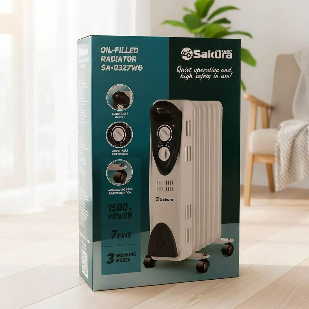 Радиатор масляный, быстрый обогрев, 7 секций, 1500Вт, белый/серый, регулируемый термостат, мобильные колёса