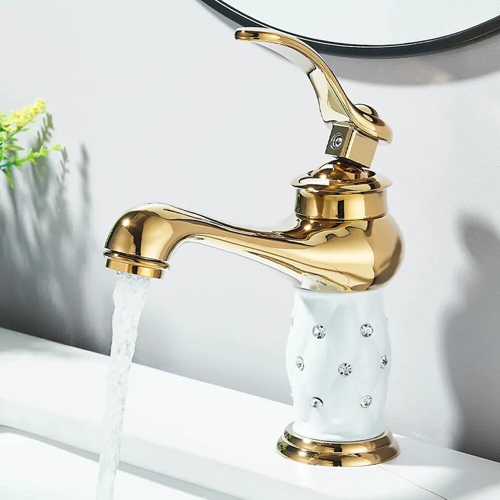 Античный латунный смеситель для раковины в ванной комнате, смеситель с одной ручкой, смеситель для раковины в ванной комнате с горячей и холодной водой, Gold white