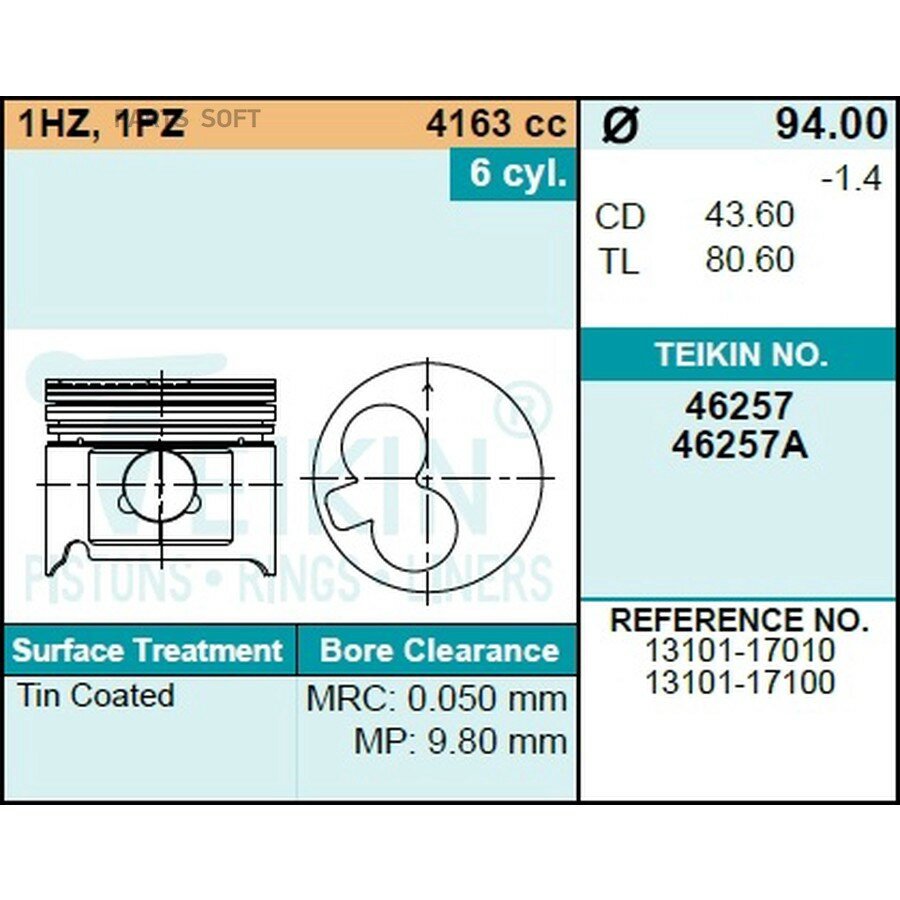 Поршень без колец Toyota 1HZ d94.0 STD Teikin от официального дистрибьютора, TEIKIN, артикул 46257STD