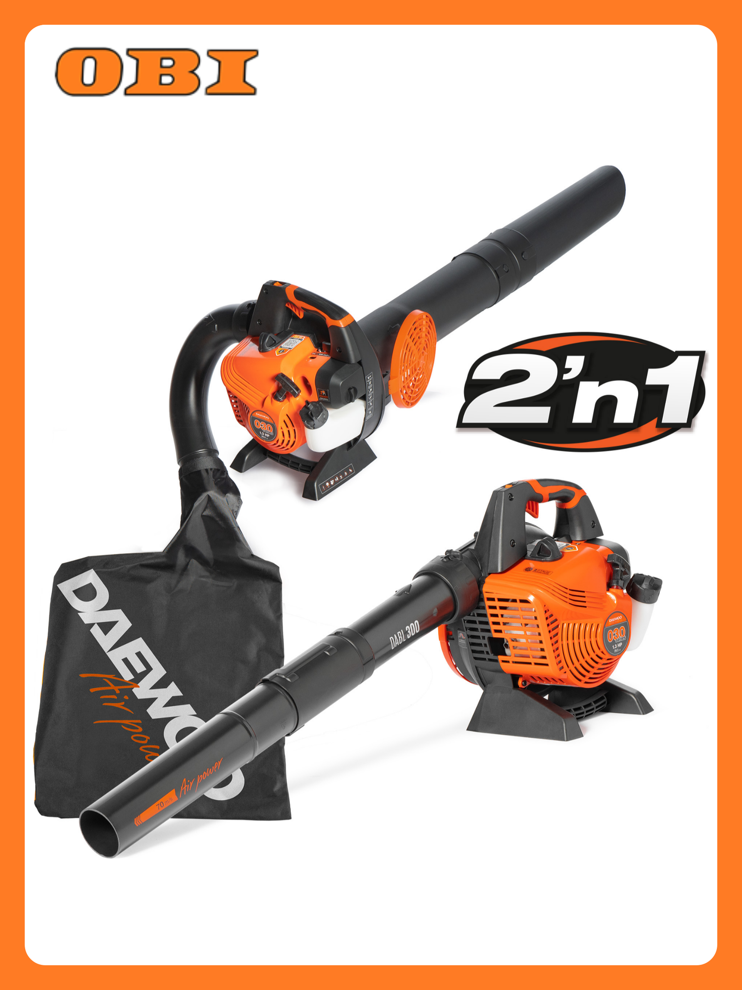 Воздуходувка-пылесос Daewoo DABL 300, бензиновая, ручная, 1,3 л. с, 45 л, черный