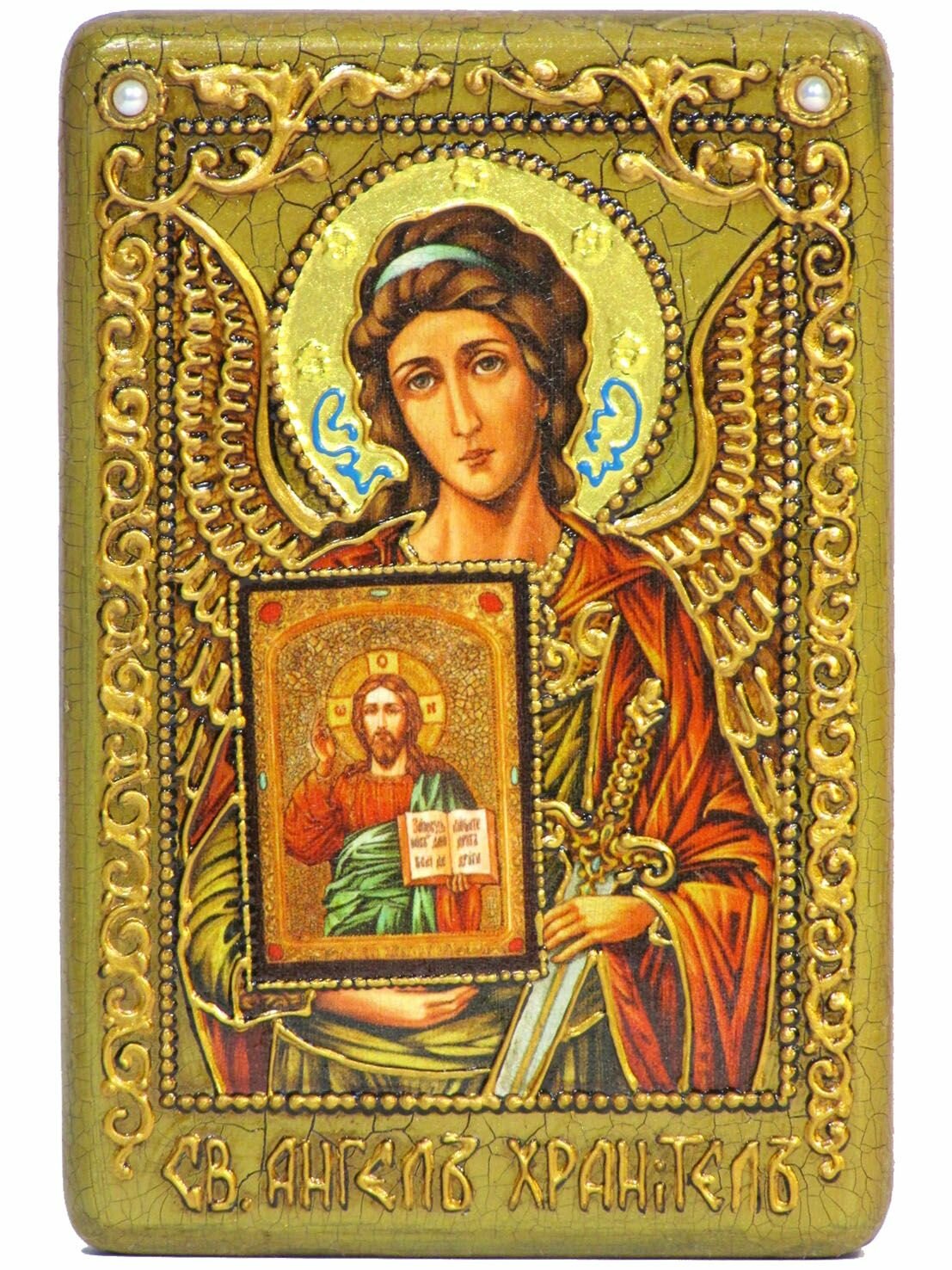 Настольная икона Ангел Хранитель на доске из черного дуба 10х15 см