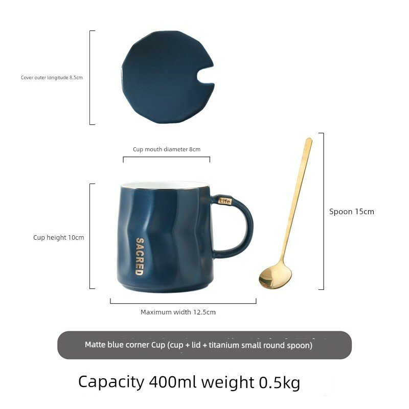 Матовая синяя угловая керамическая кружка с крышкой и золотой ложкой для любителей кофе