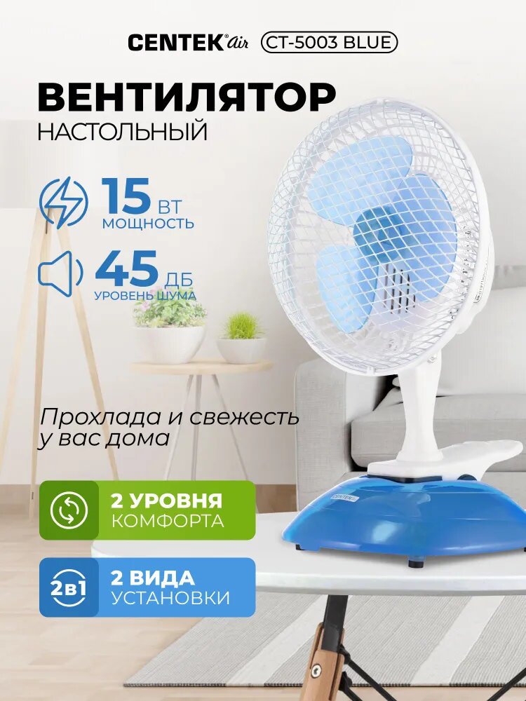 Вентилятор настольный Centek CT-5006 Blue, металлическая решетка-сетка 27 см, мощность 25Вт, 2 скорости, синий
