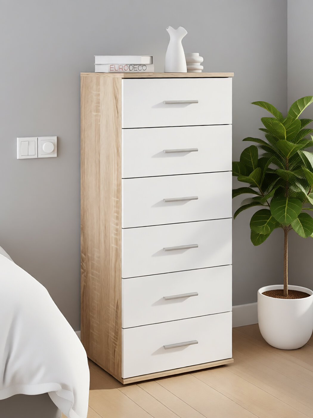 Комод столплит Мамбо СБ-2547 узкий, напольный, с шестью ящиками, для хранения кдсп, Дуб Сонома/Белый, 50*121*44 см