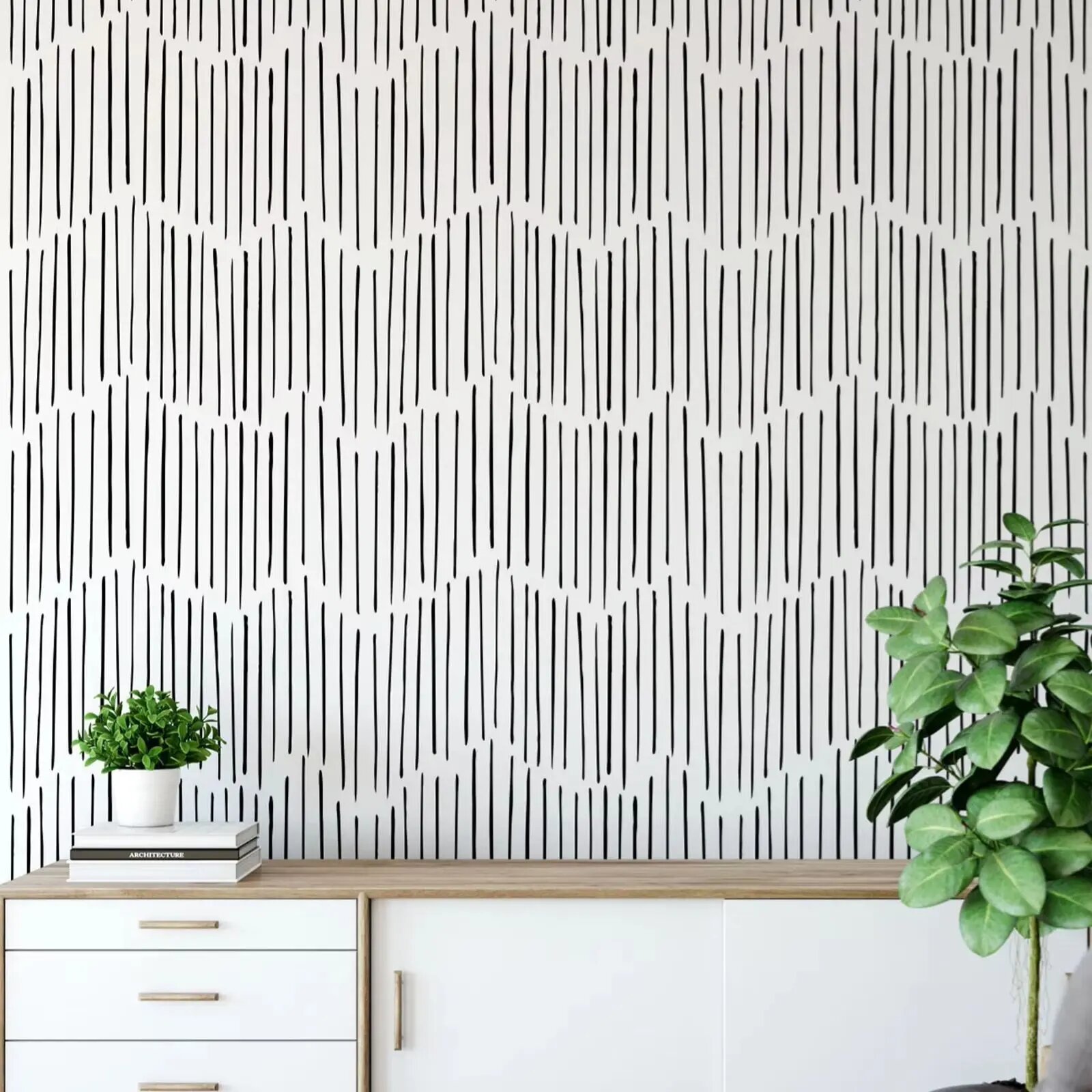 Древесноволокнистые обои Pixel&Wall "Абстрактная линия", черно-белые Tradition Non-Woven