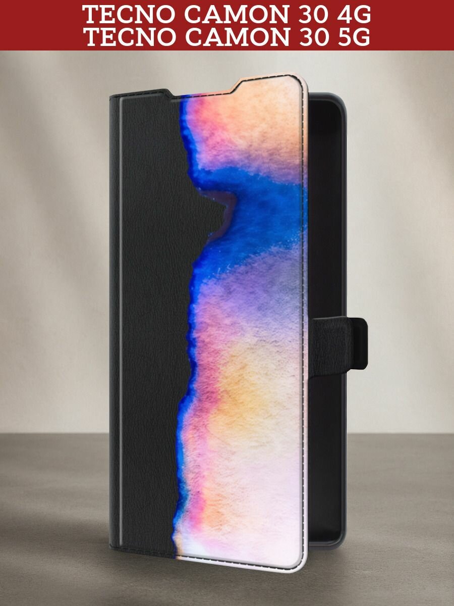 Чехол-книжка на Tecno Camon 30 4G/Tecno Camon 30 5G / Текно Камон 30 4G/Камон 30 5G с принтом Синяя акварель, черный