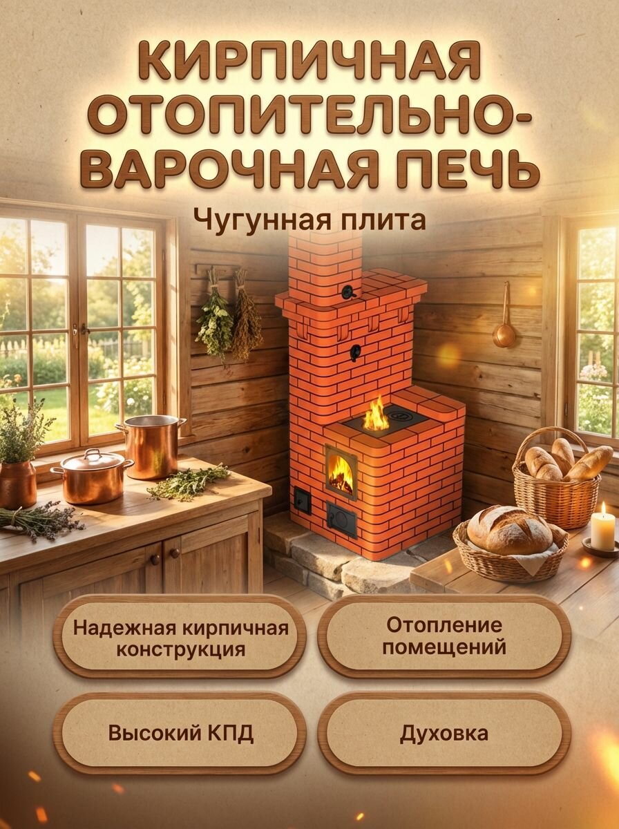 Проект Отопительно-варочная печь №75. Обогрев 25кв. м. Плита 510мм. Кирпич 410 штук